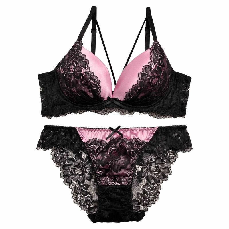 12/8再販!【三上悠亜着用】バイカラーフラワーレースサテンブラジャー&バック透けフルバックショーツ – 247Lingerie